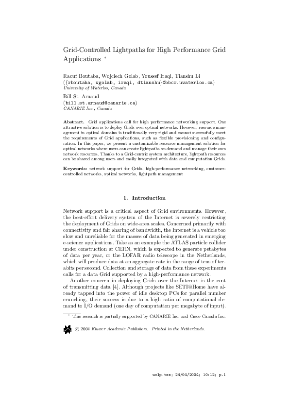 (PDF) Grid-Controlled Lightpaths for High Performance Grid Applications