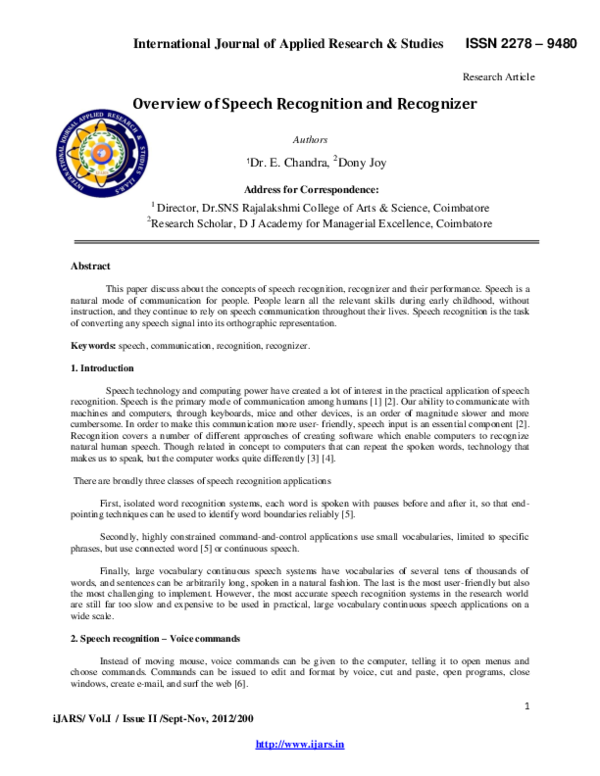 (PDF) Overview of Speech Recognition and Recognizer