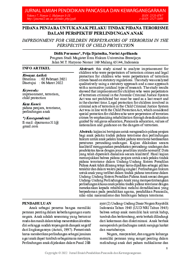 (PDF) Pidana Penjara Untuk Anak Pelaku Tindak Pidana Terorisme dalam Perspektif Perlindungan Anak