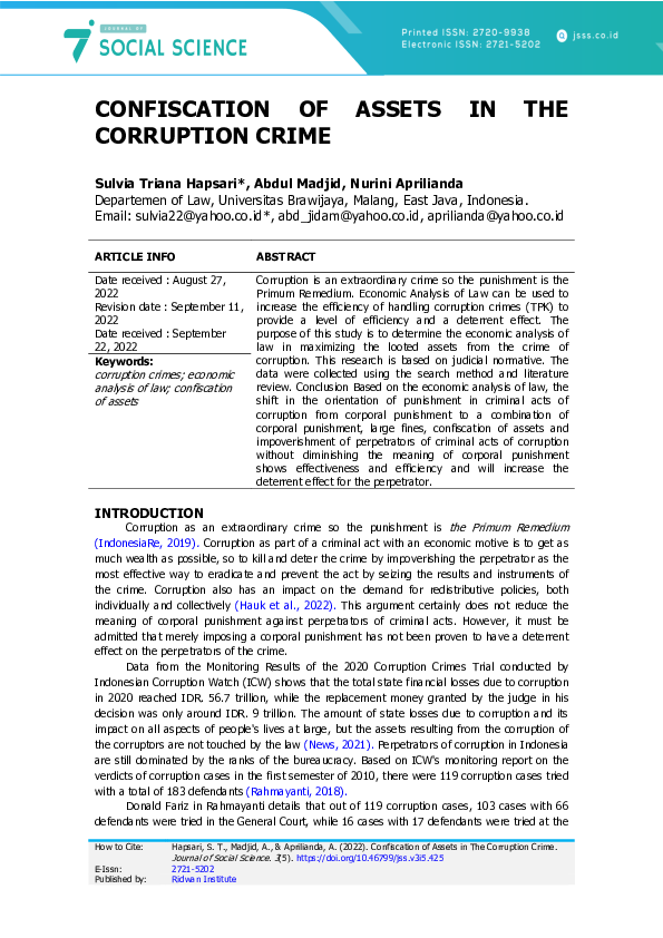 (PDF) Confiscation of Assets in The Corruption Crime
