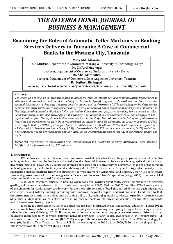 (PDF) Examining the Roles of Automatic Teller Machines in Banking Services Delivery in Tanzania ...