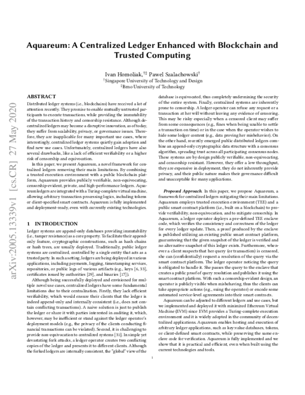 (PDF) Aquareum: A Centralized Ledger Enhanced with Blockchain and Trusted Computing