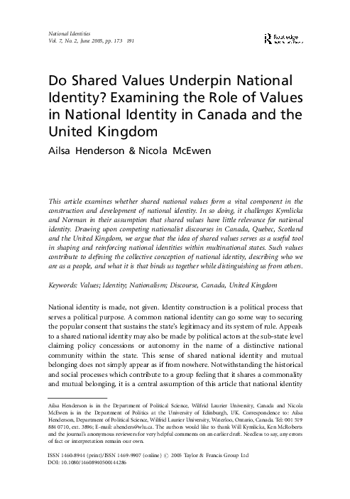 (PDF) Do Shared Values Underpin National Identity? Examining the Role ...