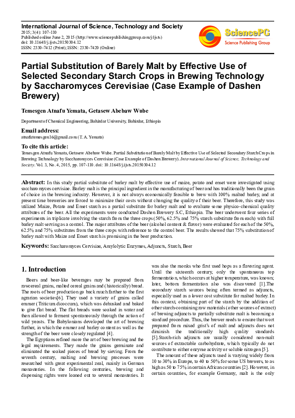 (PDF) Partial Substitution of Barely Malt by Effective Use of Selected ...