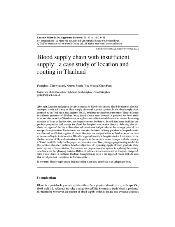 (PDF) Blood supply chain with insufficient supply: a case study of ...
