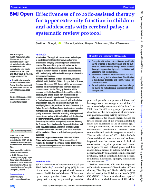 (PDF) Effectiveness of robotic-assisted therapy for upper extremity function in children and ...