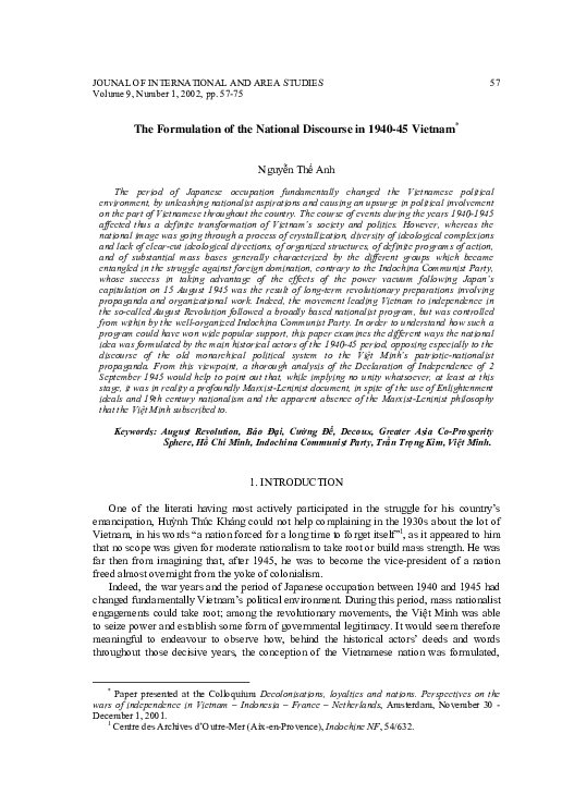 (PDF) The Formulation of the National Discourse in 1940-45 Vietnam