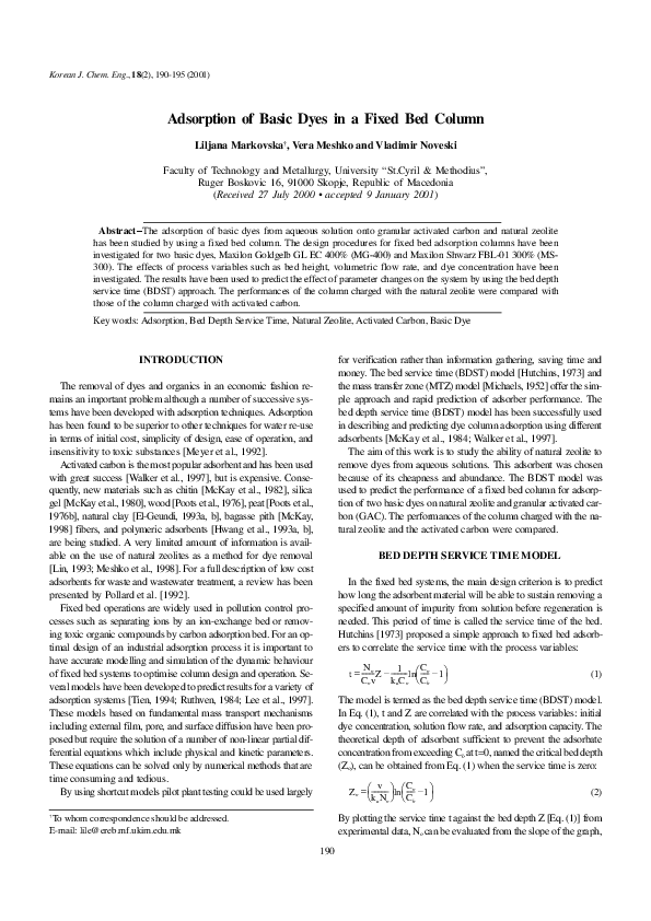 (PDF) Adsorption of basic dyes in a fixed bed column