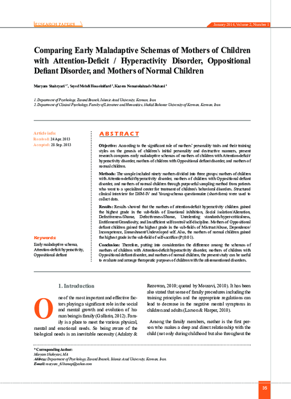 (PDF) Comparing Early Maladaptive Schemas of Mothers of Children with Attention-Deficit ...