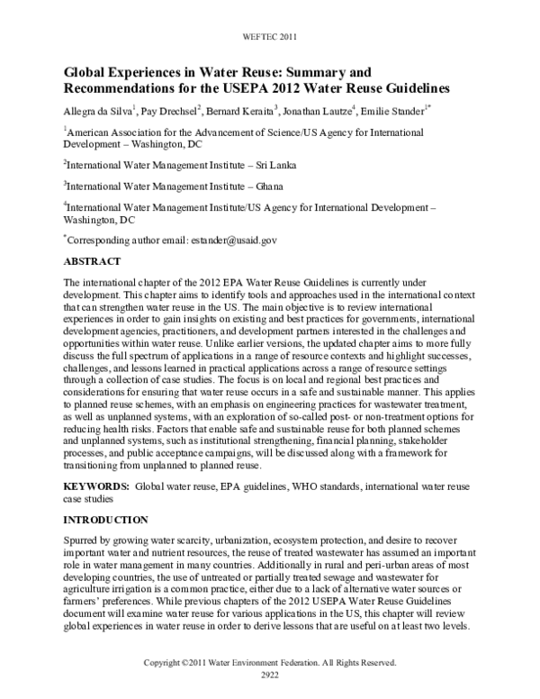 (PDF) Global Experiences in Water Reuse: Summary and Recommendations ...