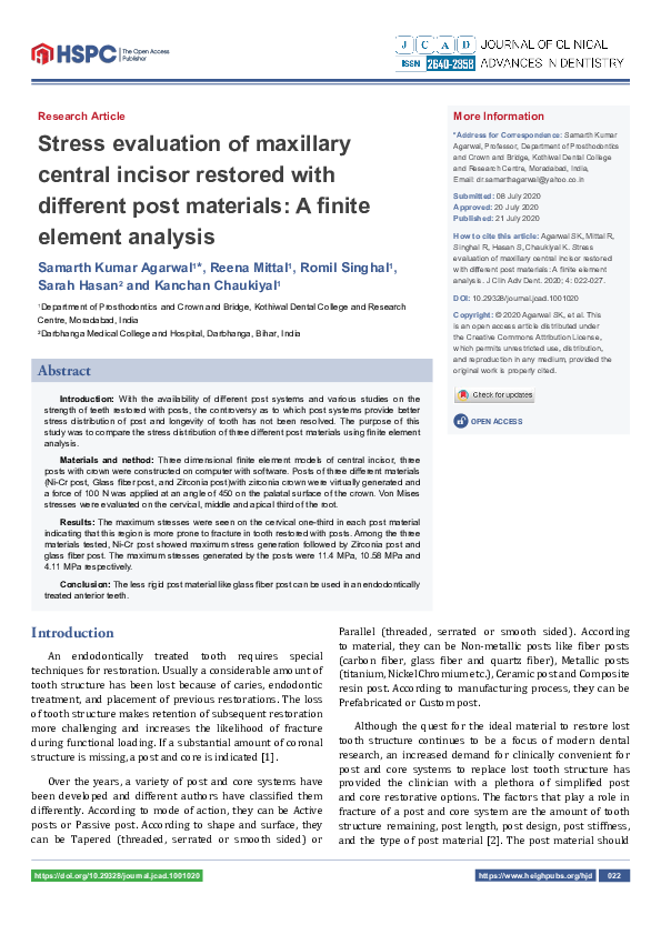 Pdf Stress Evaluation Of Maxillary Central Incisor Restored With Different Post Materials A