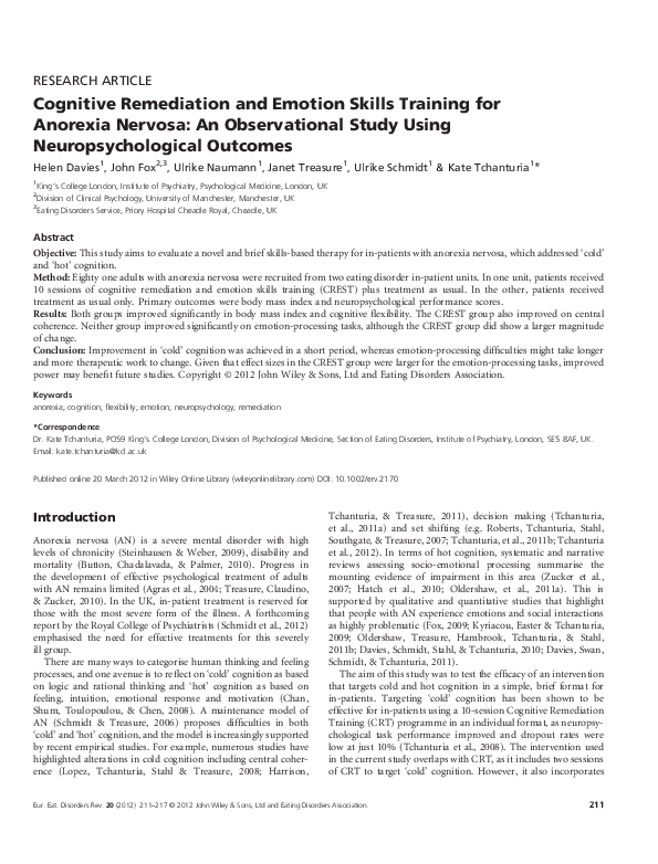 (PDF) Cognitive Remediation and Emotion Skills Training for Anorexia ...