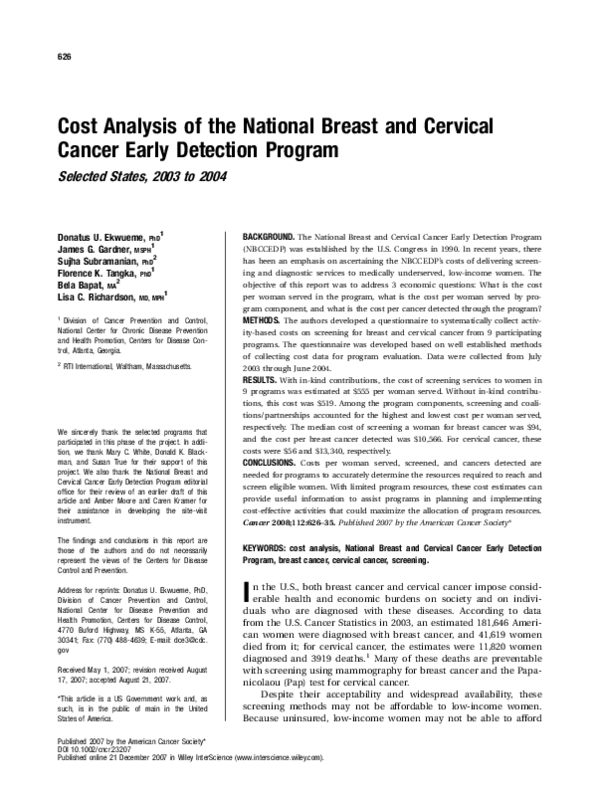 (PDF) Cost analysis of the National Breast and Cervical Cancer Early Detection Program