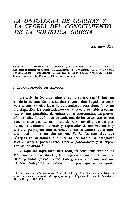 (PDF) La ontológica de Gorgias y la teoría del conocimiento de la sofística griega
