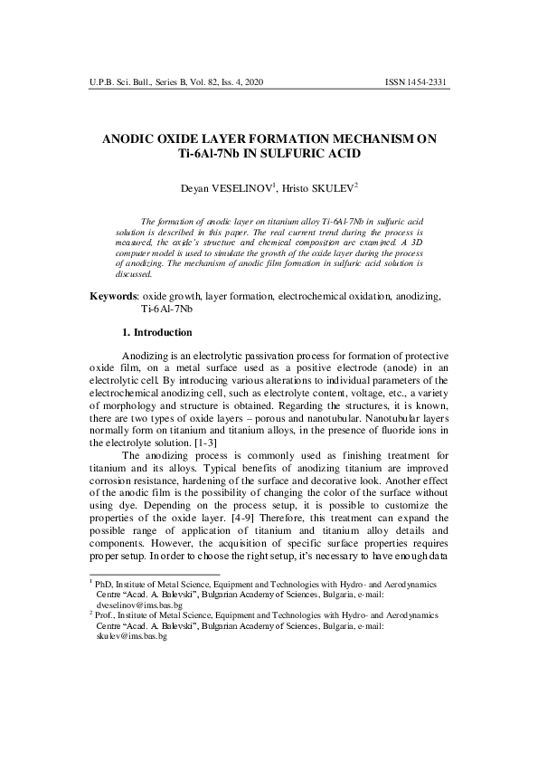 (PDF) ANODIC OXIDE LAYER FORMATION MECHANISM ON Ti-6Al-7Nb IN SULFURIC ...