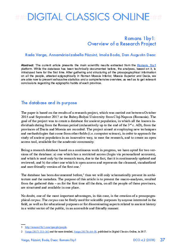 (PDF) Romans 1 by 1: Overview of a Research Project