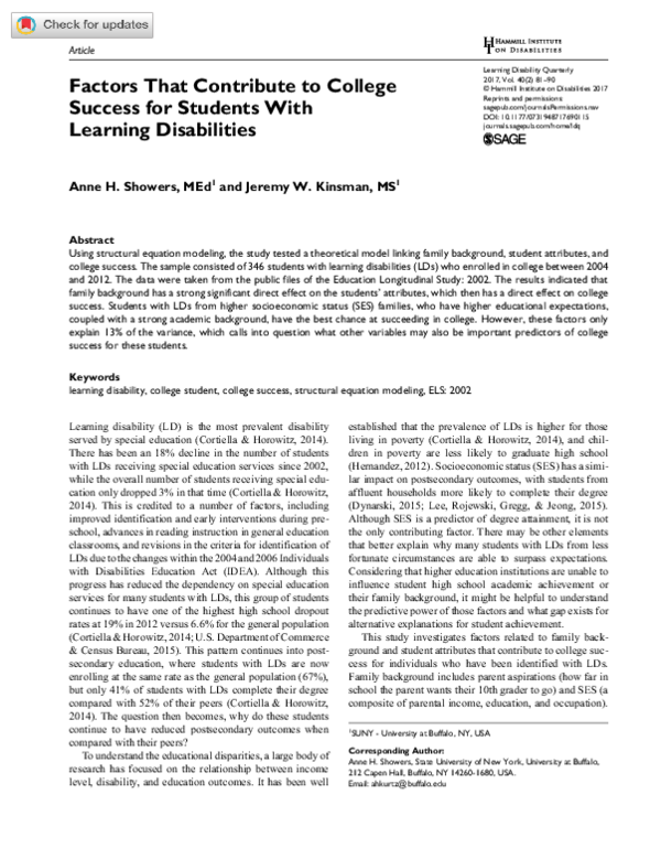 (PDF) Factors That Contribute to College Success for Students With Learning Disabilities