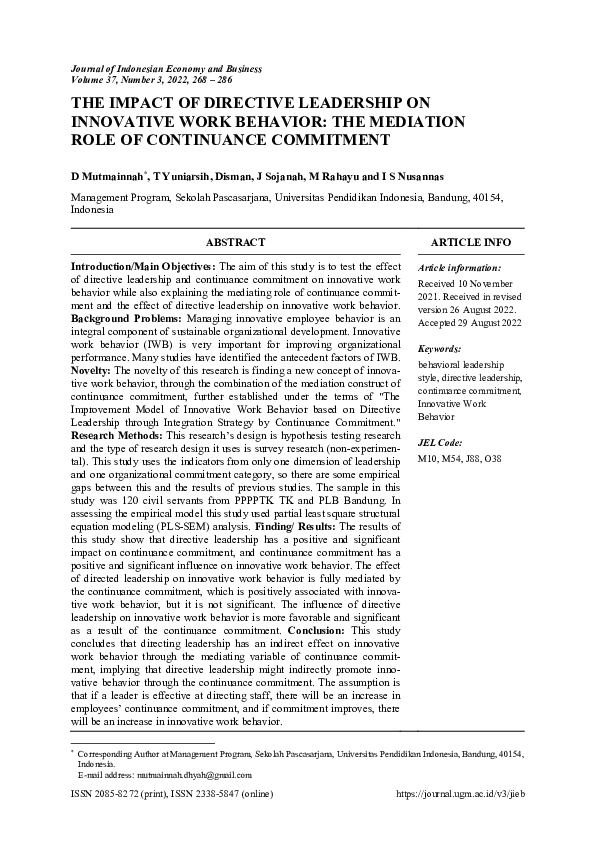(PDF) The Impact of Directive Leadership on Innovative Work Behavior: The Mediation Role of ...