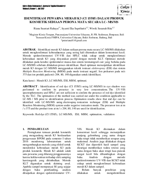 (PDF) Identifikasi Pewarna Merah K3 (CI 15585) Dalam Produk Kosmetik ...