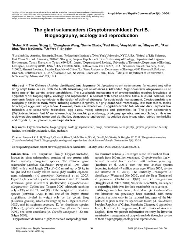 (PDF) The giant salamanders (Cryptobranchidae): Part B. Biogeography, ecology and reproduction ...