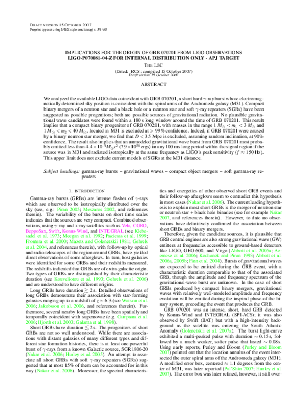 (PDF) Implications for the Origin of GRB 070201 from LIGO Observations