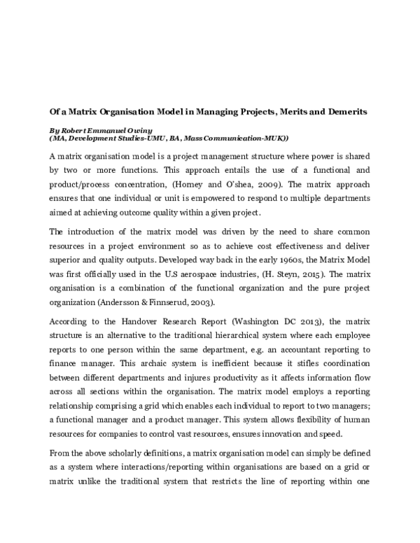 (DOC) Of a Matrix Organisation Model in Managing Projects, Merits and ...