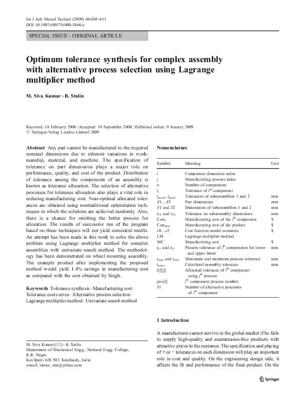 Pdf Optimum Tolerance Synthesis For Complex Assembly With Alternative Process Selection Using