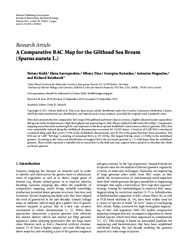 (PDF) A Comparative BAC Map for the Gilthead Sea Bream (Sparus aurataL.)