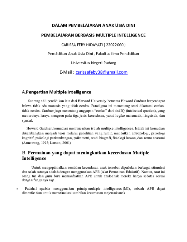 (DOC) DALAM PEMBELAJARAN ANAK USIA DINI PEMBELAJARAN BERBASIS MULTIPLE INTELLIGENCE