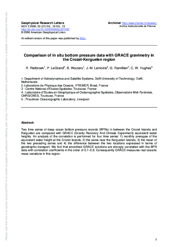 (PDF) Comparison of in situ bottom pressure data with GRACE gravimetry ...