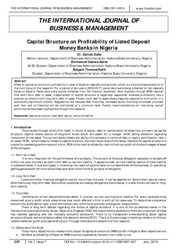 (PDF) Capital Structure on Profitability of Listed Deposit Money Banks in Nigeria
