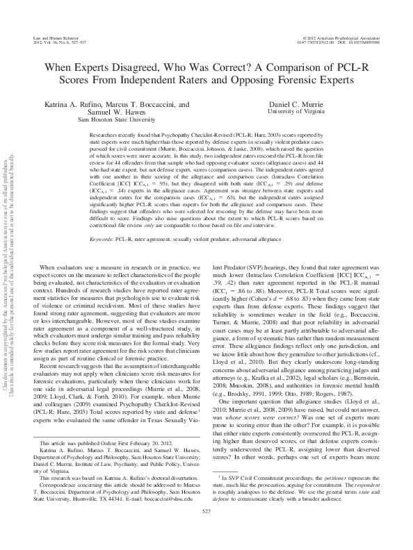 (PDF) When experts disagreed, who was correct? A comparison of PCL-R ...