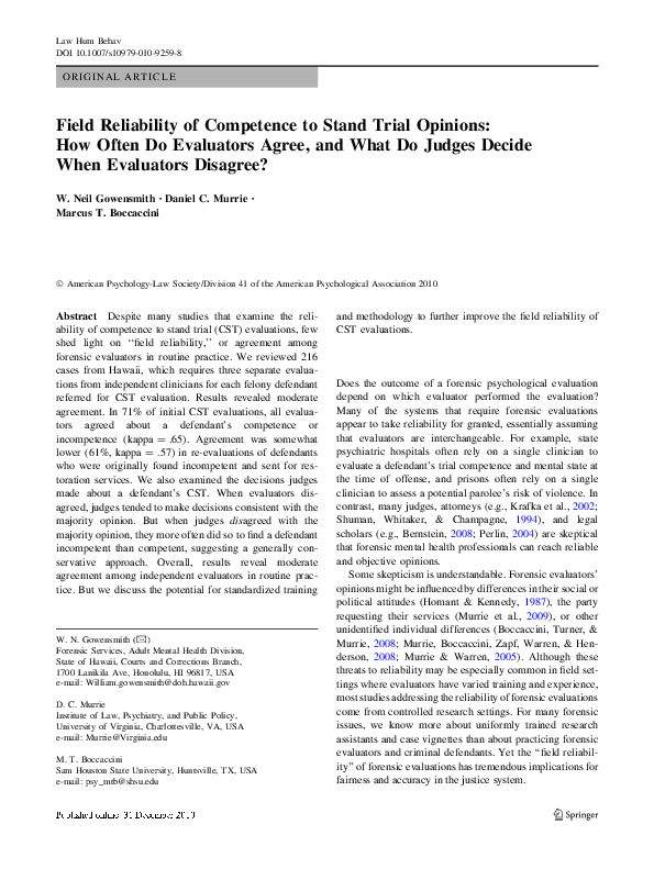 (PDF) Field reliability of competence to stand trial opinions: How ...