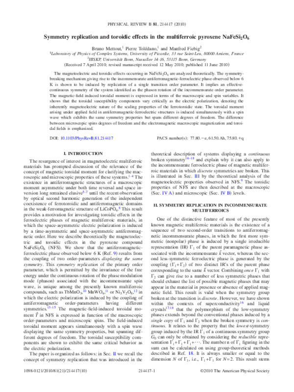 (PDF) Symmetry replication and toroidic effects in the multiferroic ...
