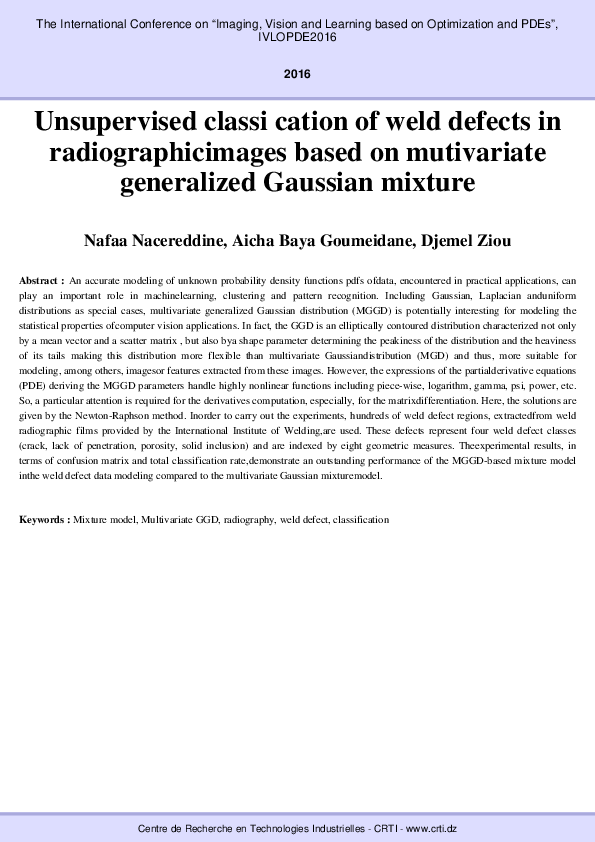 (PDF) Unsupervised classi cation of weld defects in radiographicimages based on mutivariate ...