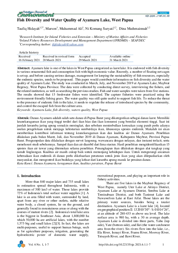 (PDF) Fish Diversity and Water Quality of Ayamaru Lake, West Papua