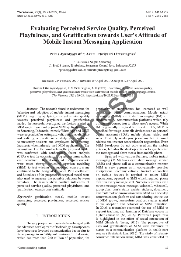 (PDF) Evaluating Perceived Service Quality , Perceived Playfulness , and Gratification towards ...