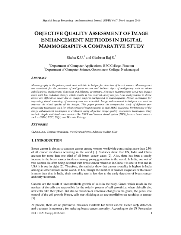 (PDF) Objective Quality Assessment of Image Enhancement Methods in Digital Mammography - A ...