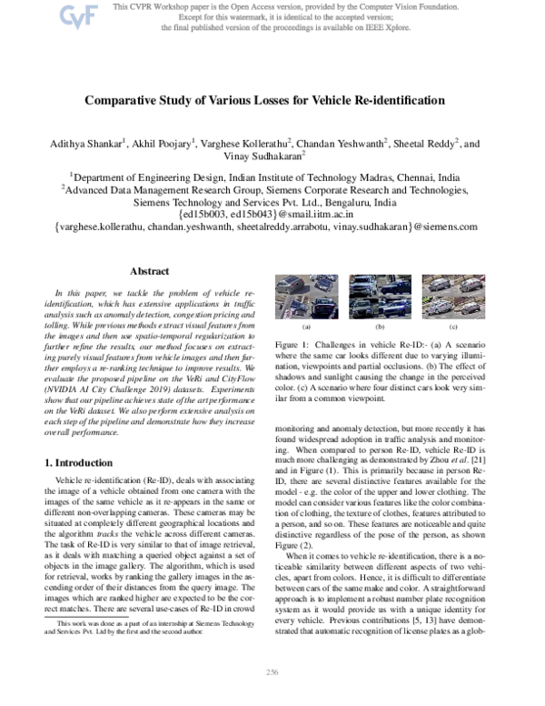 (PDF) Comparative Study on various Losses for Vehicle Re-identification