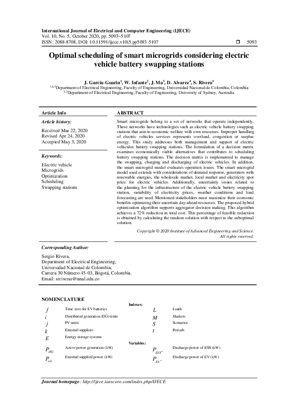 Pdf Optimal Scheduling Of Smart Microgrids Considering Electric Vehicle Battery Swapping