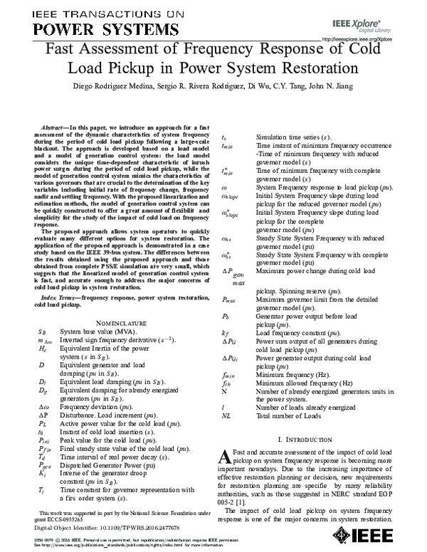 (PDF) Fast Assessment of Frequency Response of Cold Load Pickup in ...