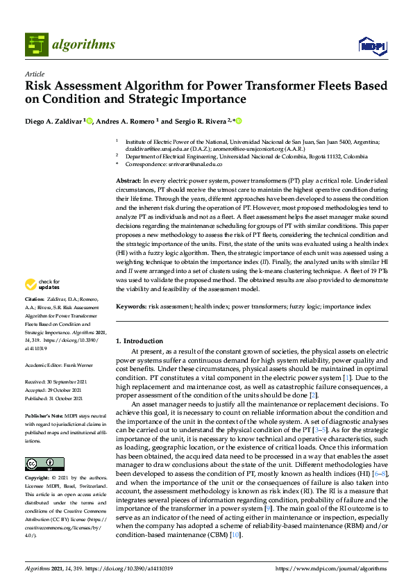 Pdf Risk Assessment Algorithm For Power Transformer Fleets Based On