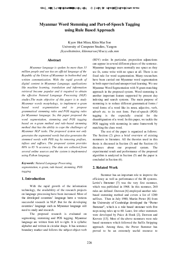 (PDF) Myanmar Word Stemming and Part-of-Speech Tagging using Rule Based Approach