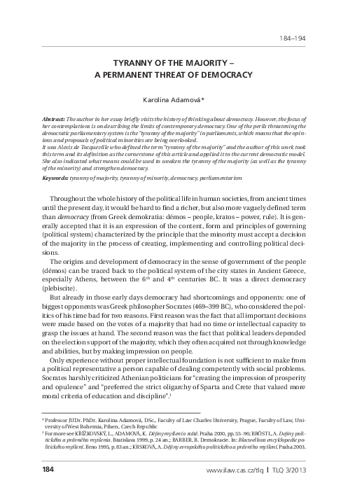 (PDF) Tyranny of the Majority – a Permanent Threat of Democracy