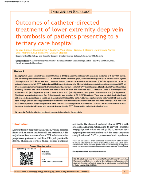 (PDF) Outcomes of catheter-directed treatment of lower extremity deep ...