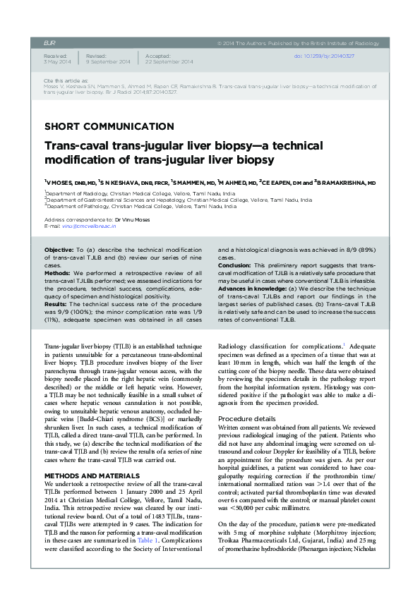 (PDF) Trans-caval trans-jugular liver biopsy--a technical modification ...