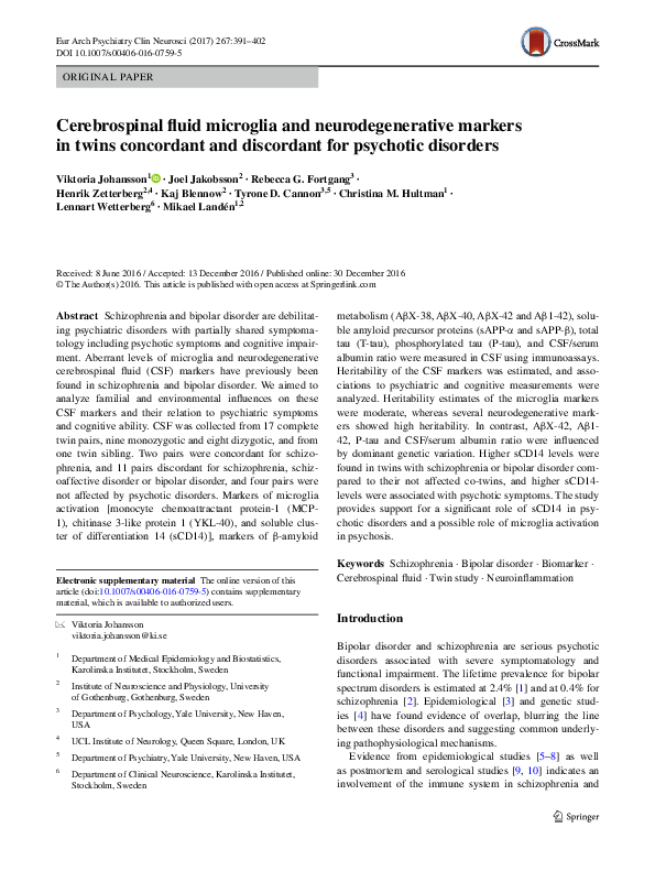 (PDF) Cerebrospinal fluid microglia and neurodegenerative markers in twins concordant and ...