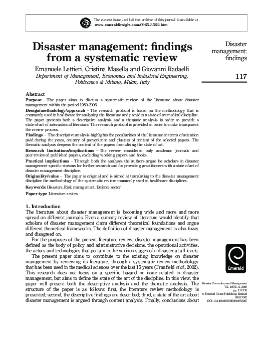 (PDF) Disaster management: findings from a systematic review