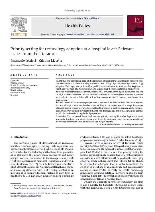 (PDF) Priority setting for technology adoption at a hospital level ...