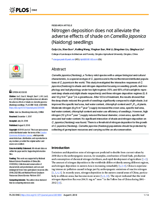 (PDF) Nitrogen deposition does not alleviate the adverse effects of shade on Camellia japonica ...